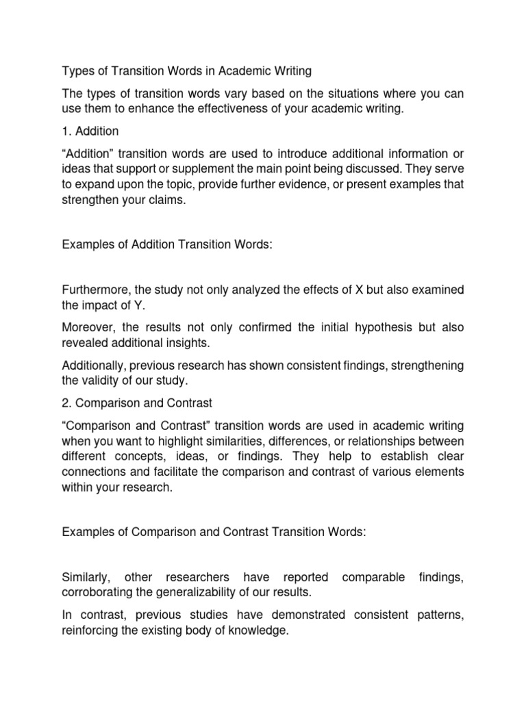 Types of Transition Words in Academic Writing | PDF | Causality ...