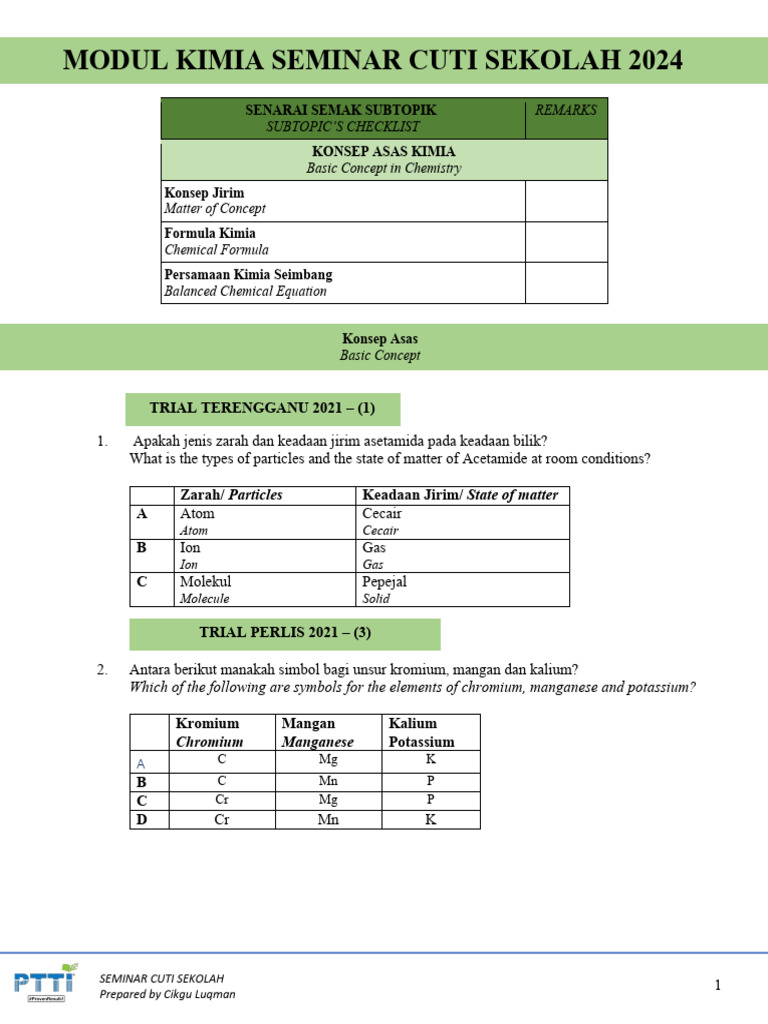 (FEB 2024) MODUL KIMIA SEMINAR CUTI SEKOLAH F5 (WEEK 1) - Noorluqman Hakim | PDF | Atoms | Sodium