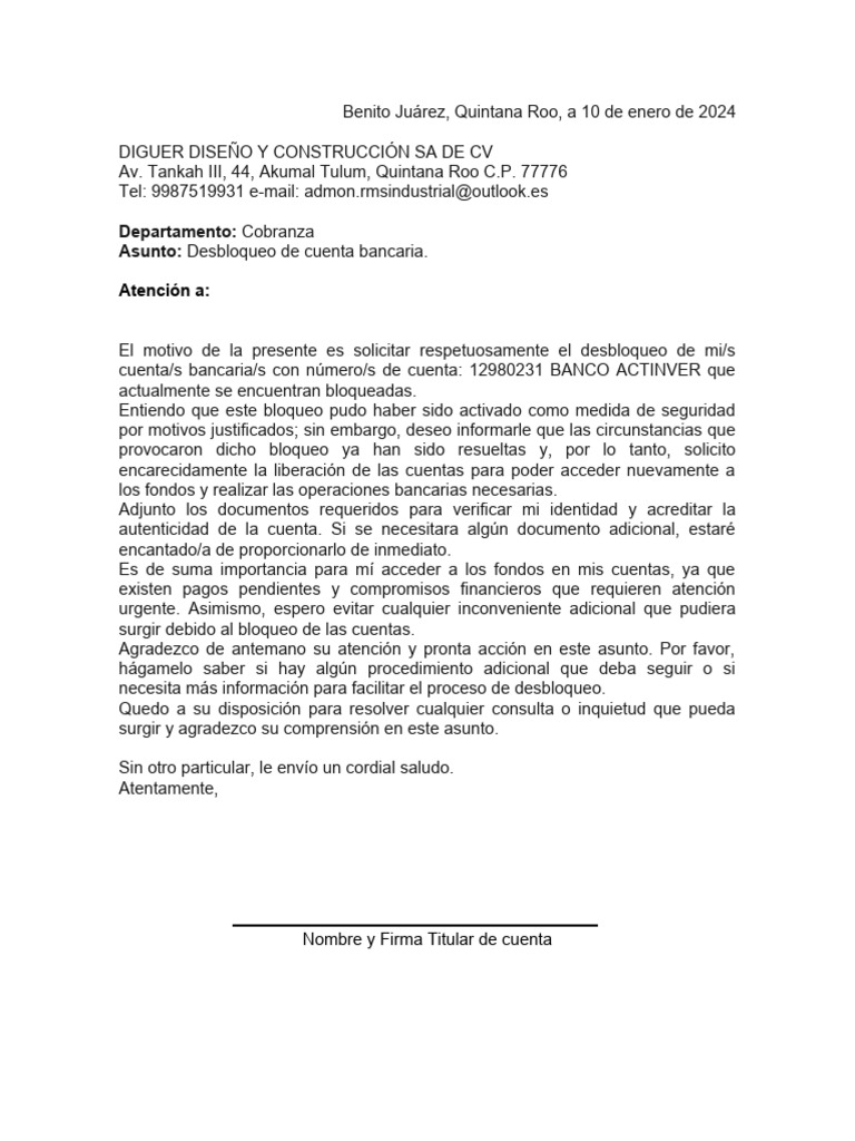 Solicitud de Desbloqueo de Cuenta Bancaria | PDF