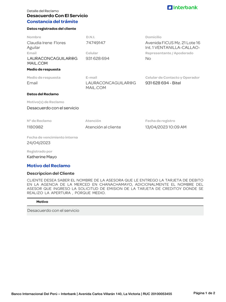 Hoja de Presentación de Reclamo | PDF