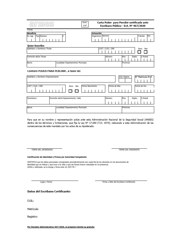 Carta Poder Anses Por Escribano | PDF | Documento de identidad | Gobierno