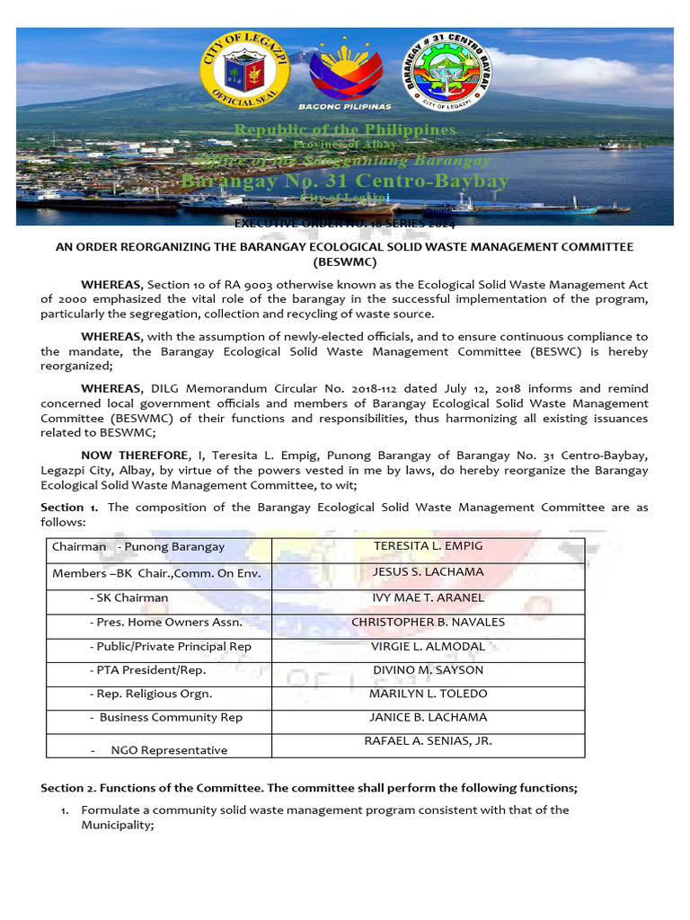 18 EO BESWMC BARANGAY ECOLOGICAL SOLID WASTE MANAGEMENT COMMITTEE | PDF ...