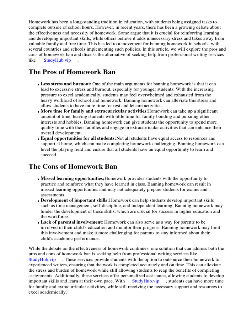 Pros and Cons of Homework Ban | PDF | Homework | Teachers