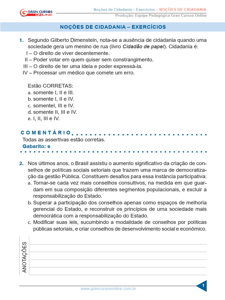 Aula 02 Nocoes de Cidadania Exercicios | PDF | Assédio moral/bullying ...