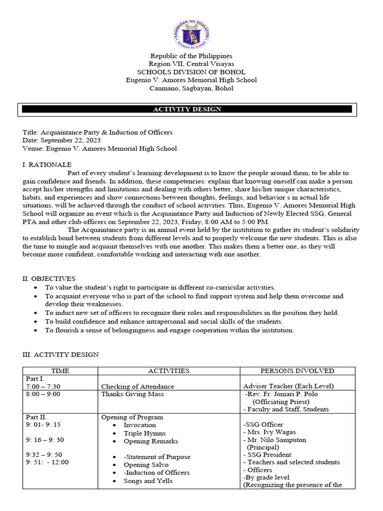 ACQUAINTANCE PARTY ACTIVITY DESIGN Sy 2023-2024 | PDF | Psychological Concepts | Psychology