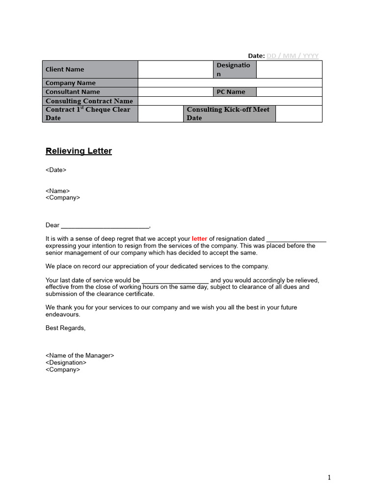 Relieving Letter - Format For Employee | PDF