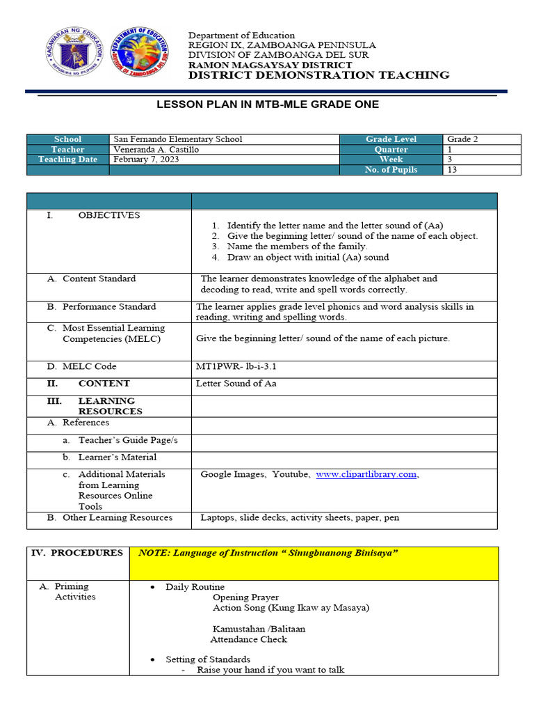 Cot MTB 1st Quarter | PDF | Education Theory | Teaching