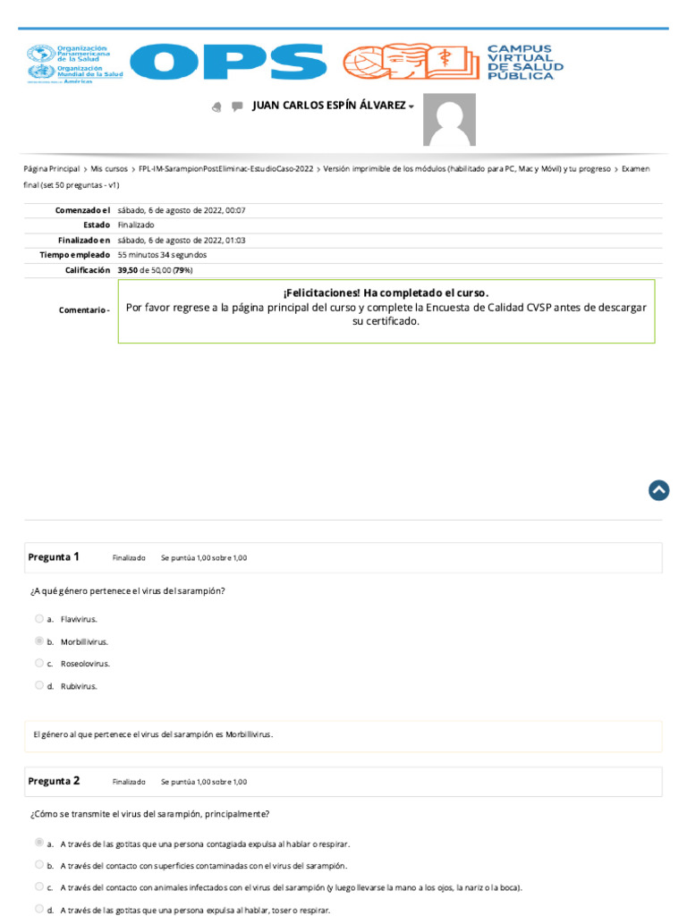 Examen Final (Set 50 Preguntas - V1) - Revisión Del Intento | PDF | Sarampión | Inmunoglobulina G