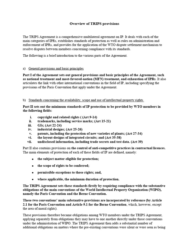 Overview of TRIPS Provisions | PDF | Trips Agreement | Intellectual ...