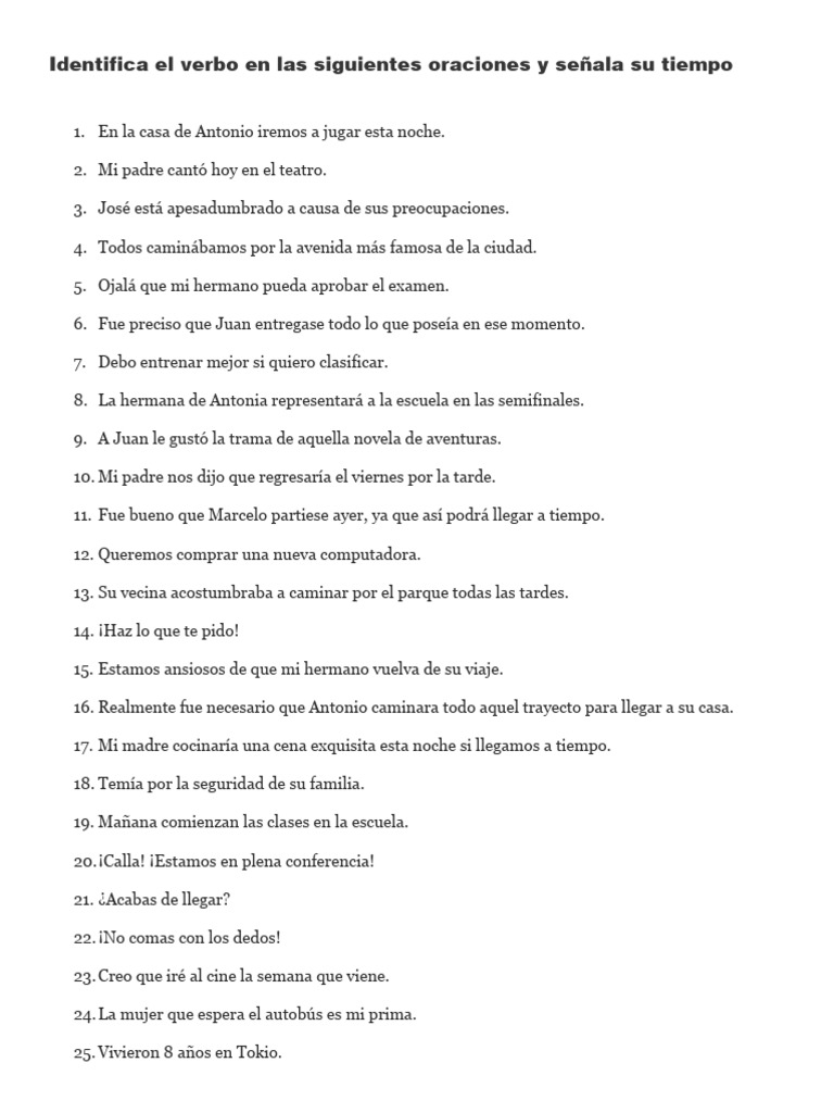 Identifica el verbo en las siguientes oraciones y señala su tiempo | PDF