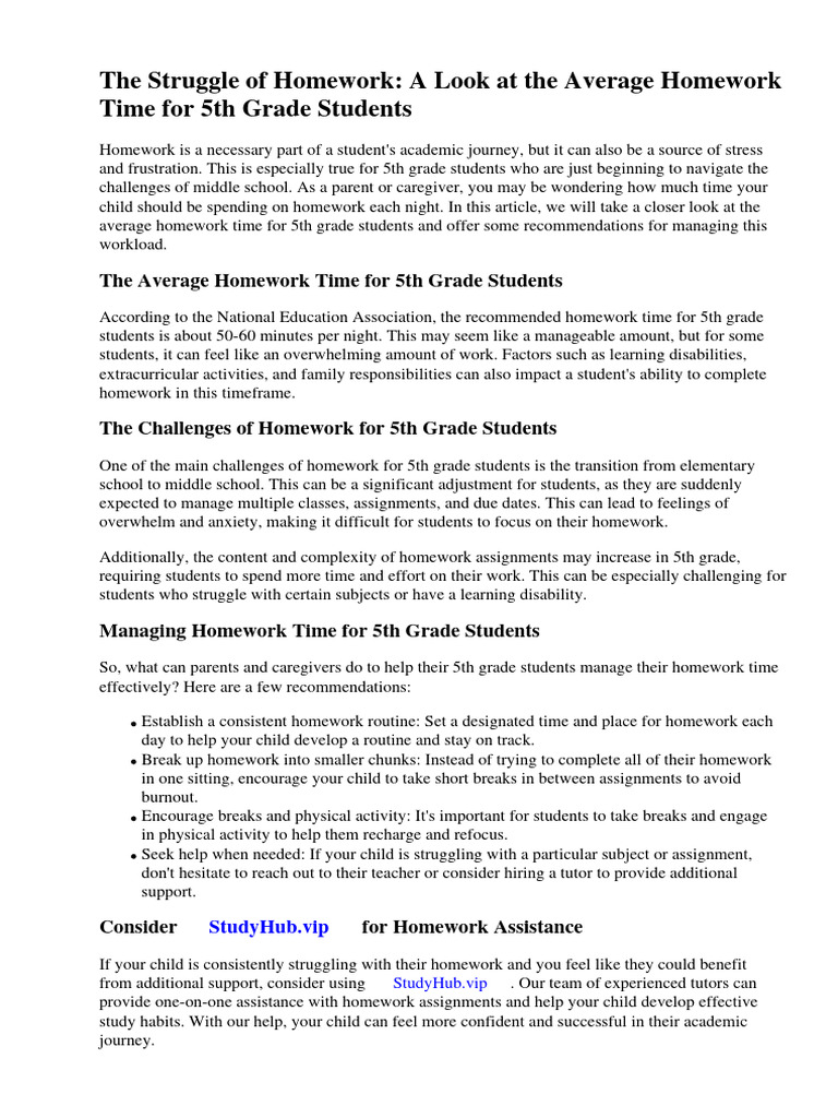 Average Homework Time for 5th Grade | PDF | Homework | Worksheet