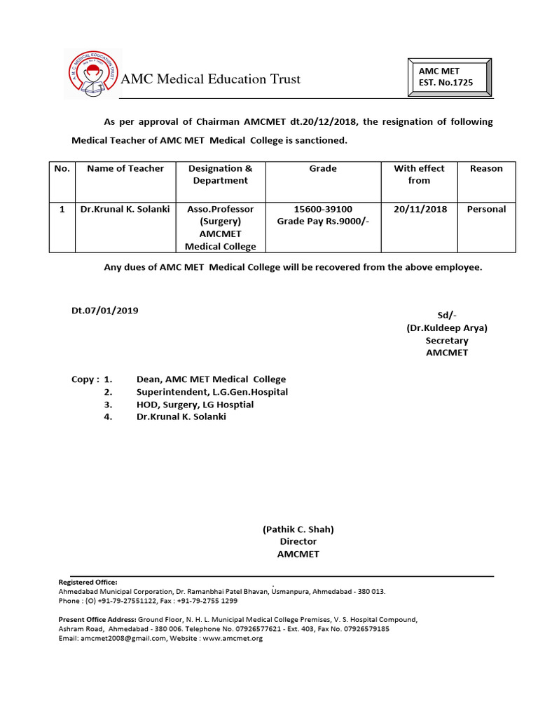 1725 Resignation DR - Krunal Solanki AP - Surgery - LG-1 | PDF