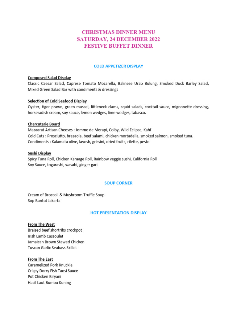 CHRISTMAS BUFFET DINNER MENU 2022 | PDF | Sauce | Salad