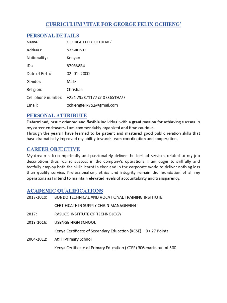 George Felix Ochieng' CV | PDF | Supply Chain Management | Kenya