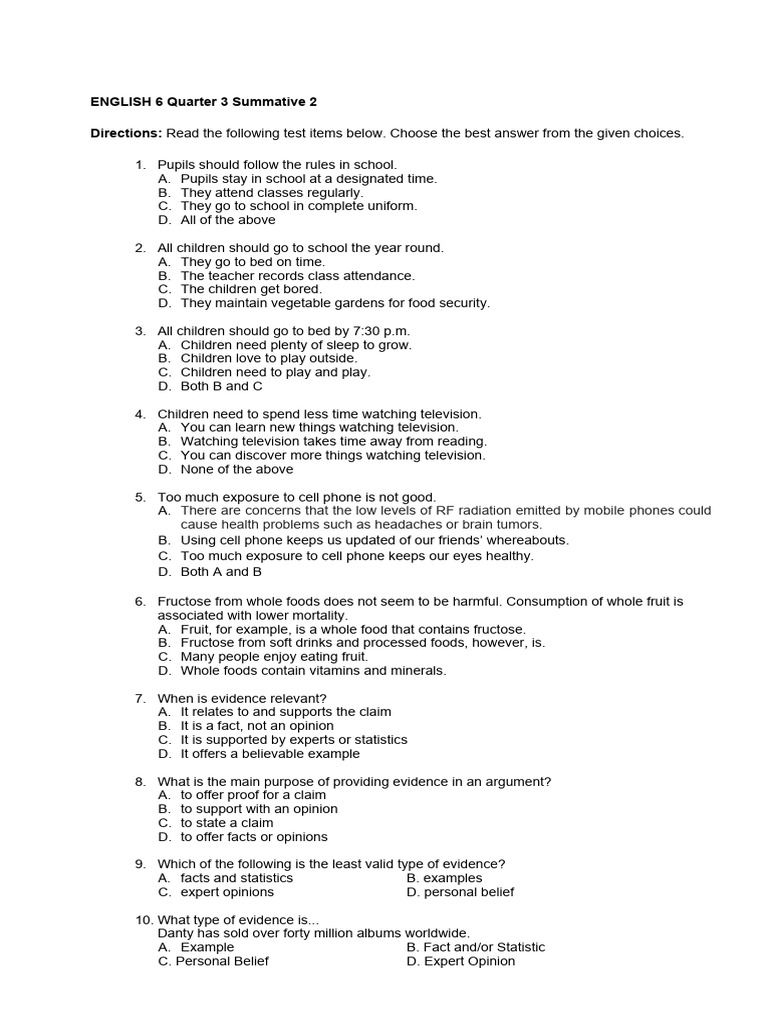 Quarter 3 - Summative 2 | PDF | Foods | Evidence