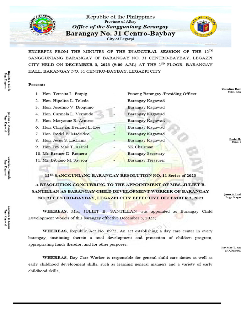 Reso 11 - Barangay Child Development Worker | PDF