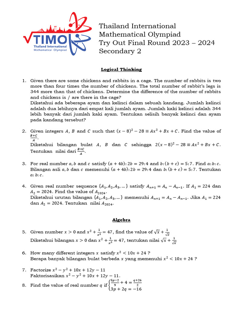 TIMO Final 2023-2024 S2 Try Out | PDF