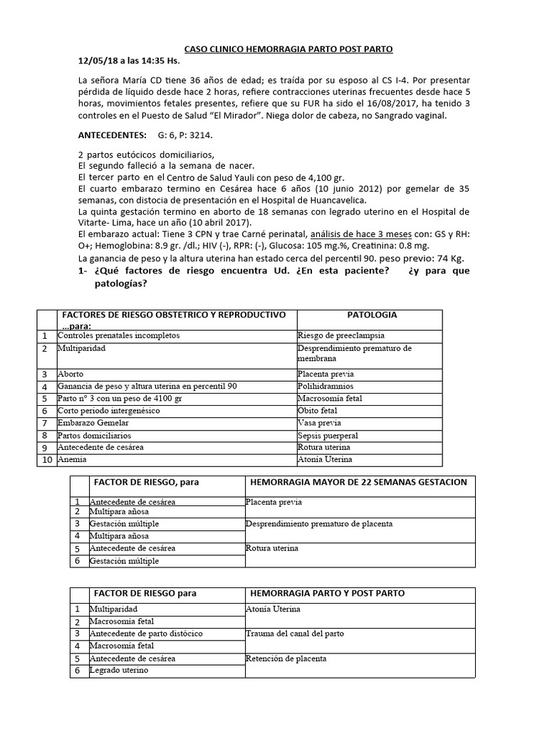1er Trab. Individual. Caso Clinico Hemorragia Obstetrica-Taller Parto | PDF | Parto | El embarazo