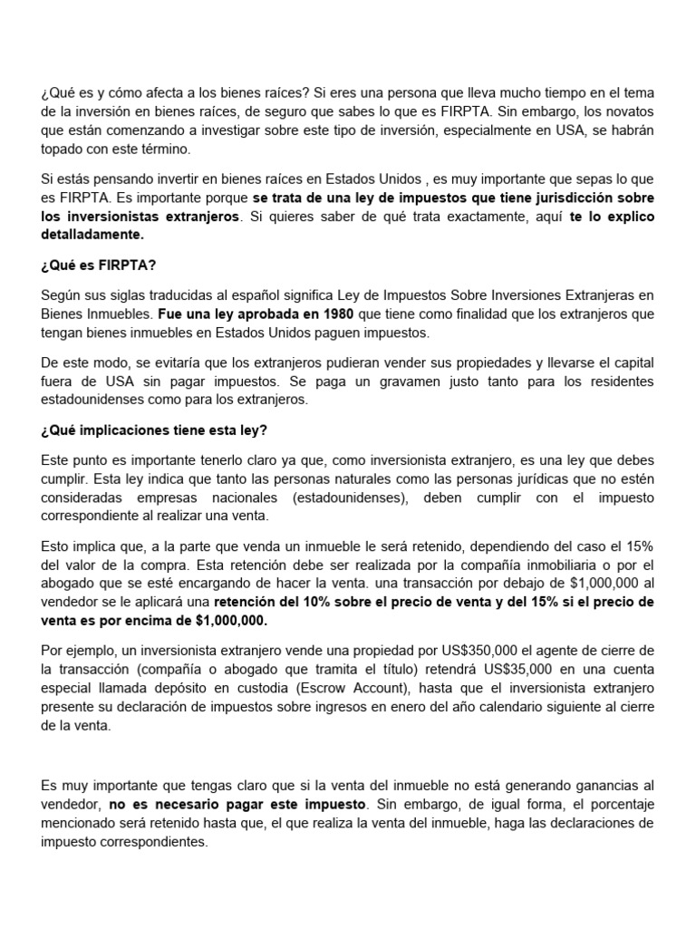 FIRPTA: Impuestos para Inversores Extranjeros | PDF | Bienes raíces ...