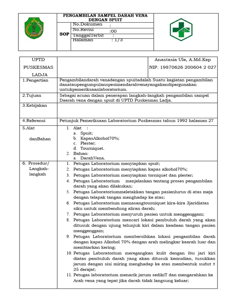 SOP Pengambilan Darah Vena | PDF