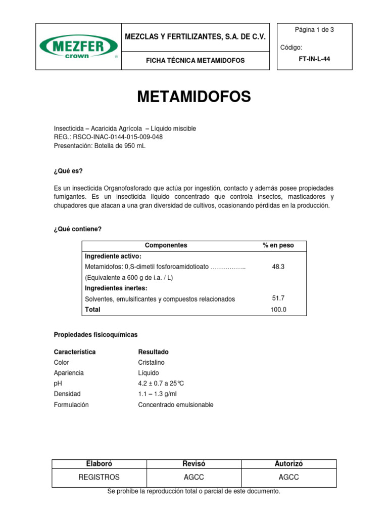 Metamidofos Ficha Tecnica-1 | PDF