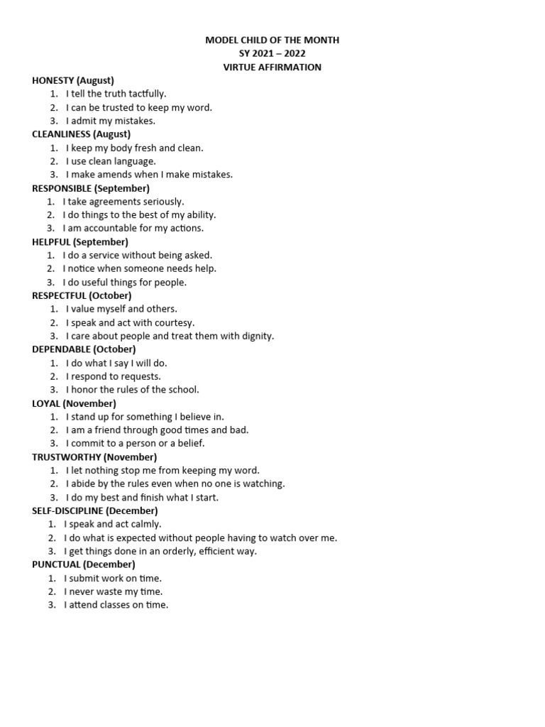 LIST OF VIRTUES FOR THE YEAR MODEL CHILD OF THE MONTH Edited Version | PDF