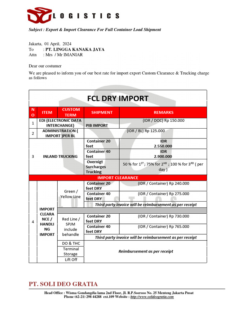 Lingga Kanaka Jaya - Trucking & Clearance Quotation FCL Dry | PDF | Payments | Taxes