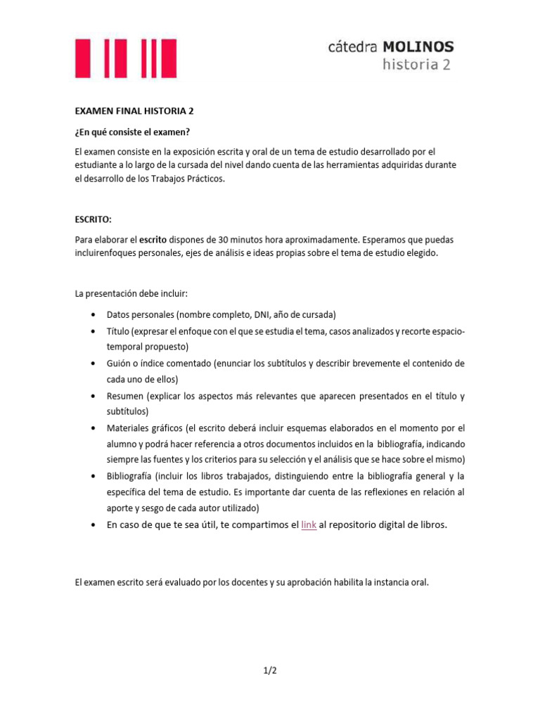Instructivo Examen Final Historia 2 2023 | PDF | Bibliografía