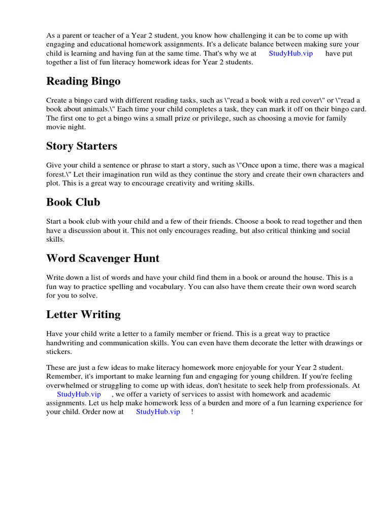 Fun Literacy Homework Year 2 | PDF | Worksheet | Literacy