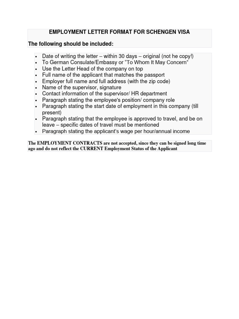 Employment Letter Requirements Schengen Visa | PDF