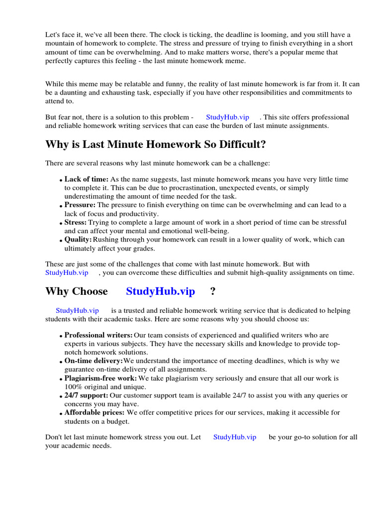 Last Minute Homework Meme | PDF | Homework | Motivation