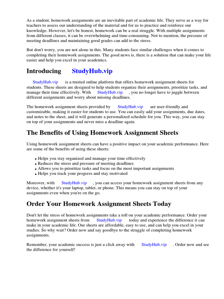 Homework Assignment Sheets For Students | PDF | Worksheet | Homework