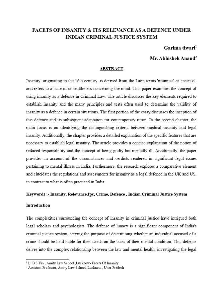 Insanity Defense in Indian Criminal Law | PDF | Insanity Defense | Mens Rea