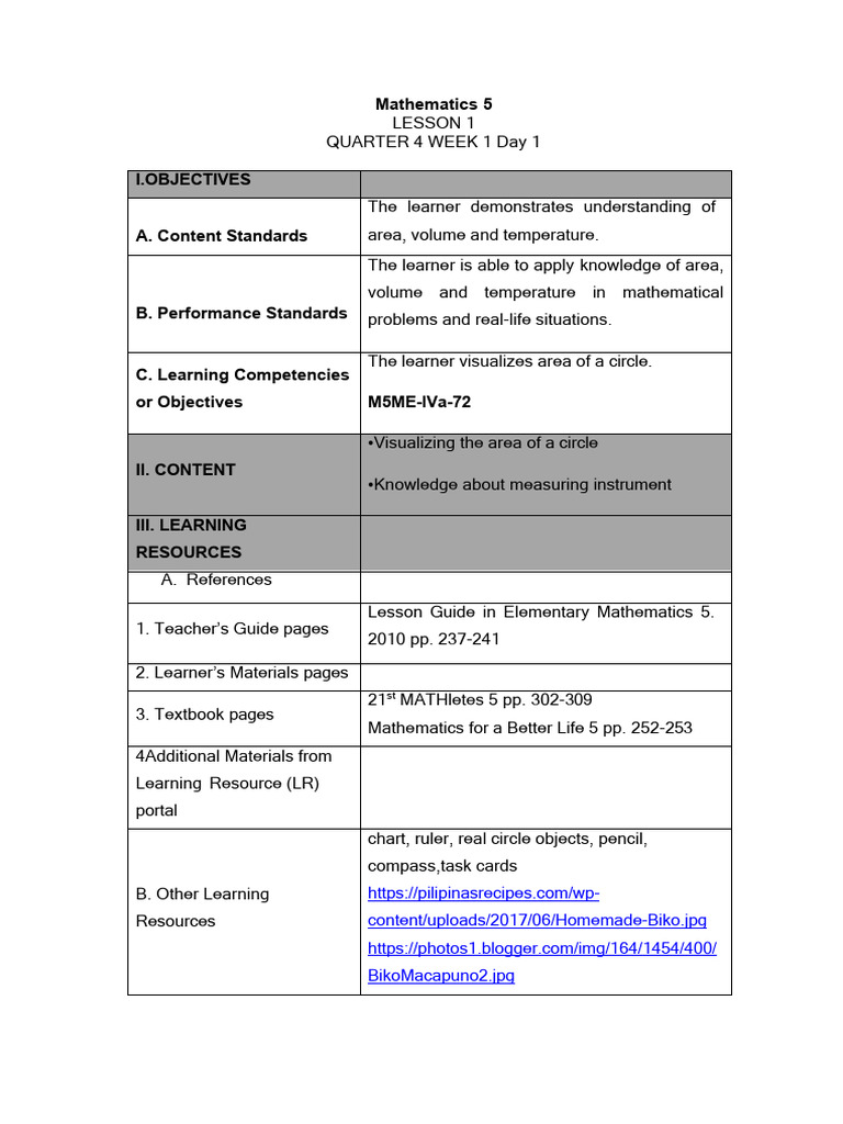 Q4 W1 Math | PDF | Area | Circle