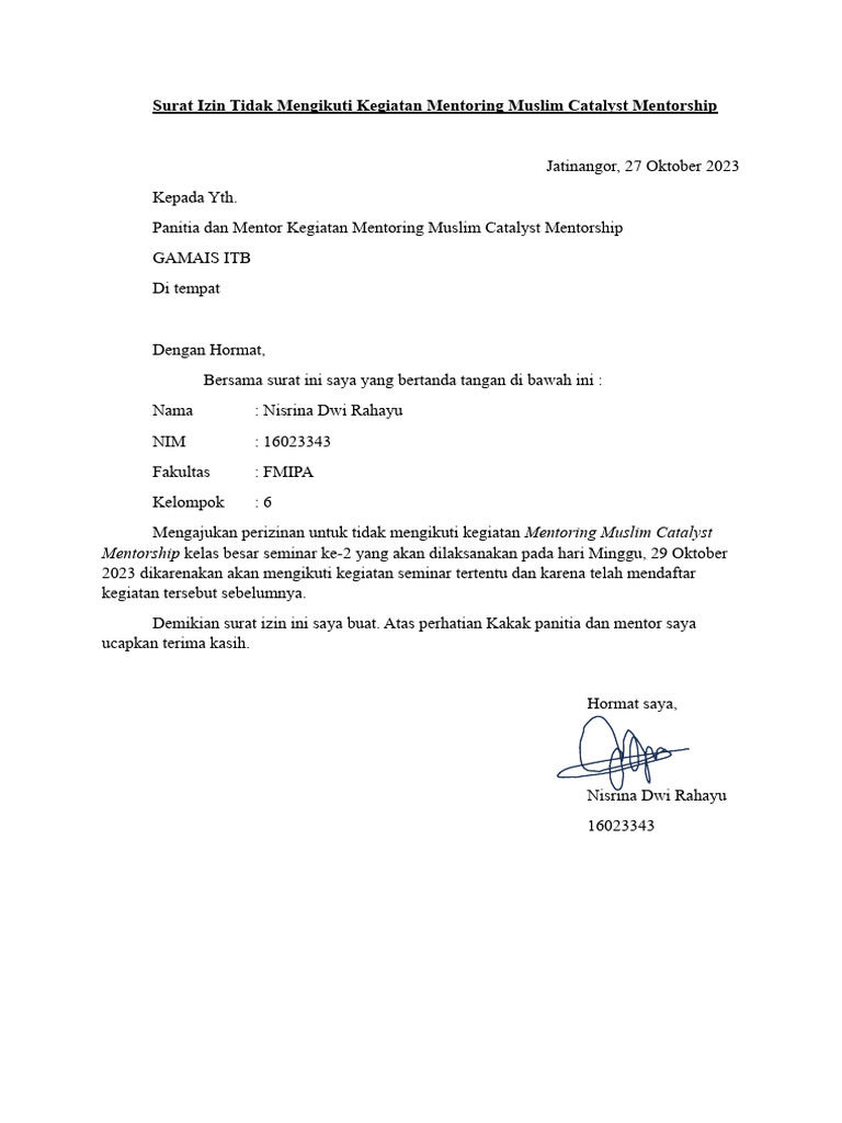 Surat Izin Tidak Mengikuti Kegiatan Mentoring Muslim Catalyst Mentorship | PDF