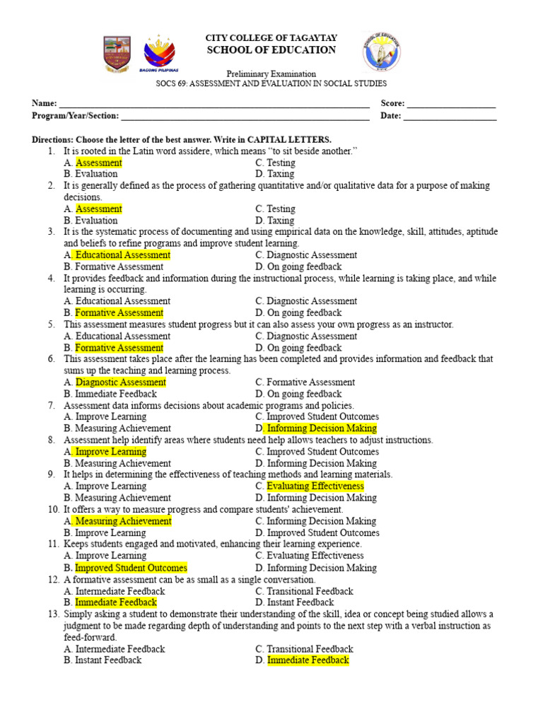 Socs 69 Prelim | PDF | Educational Assessment | Learning