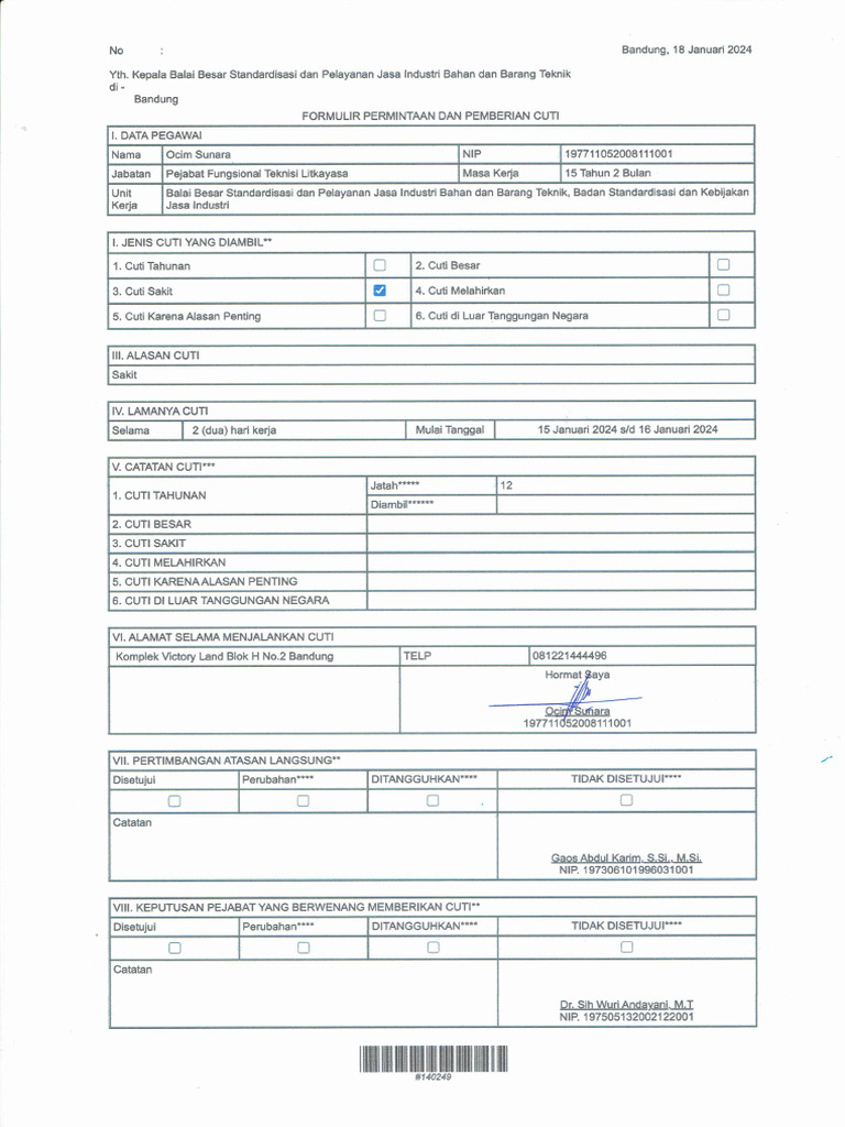 Form Cuti Sakit Pak Ocim - Januari 2024 | PDF