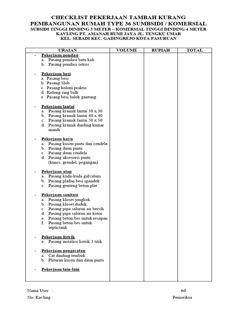 CHECKLIST PEKERJAAN TAMBAH KURANG PEMBANGUNAN RUMAH TYPE 36 SUMBSIDI | PDF