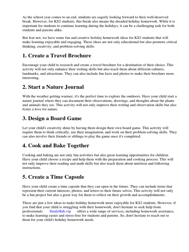 Holiday Homework Ideas Ks2 | PDF | Kindergarten | Homework