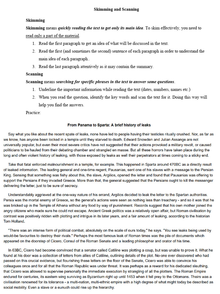 Skimming and Scanning - in Class | PDF | General Fiction