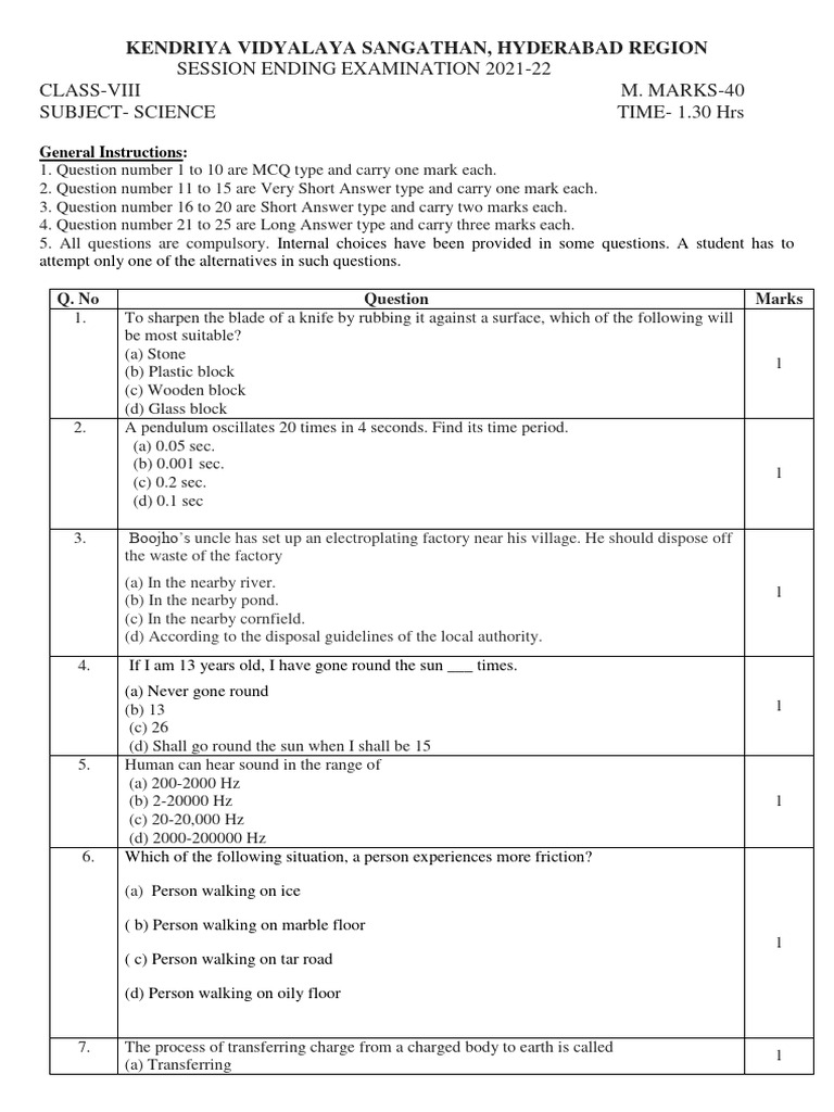 Class VIII Science Exam Paper 2021-22 | PDF | Force | Atmosphere Of Earth