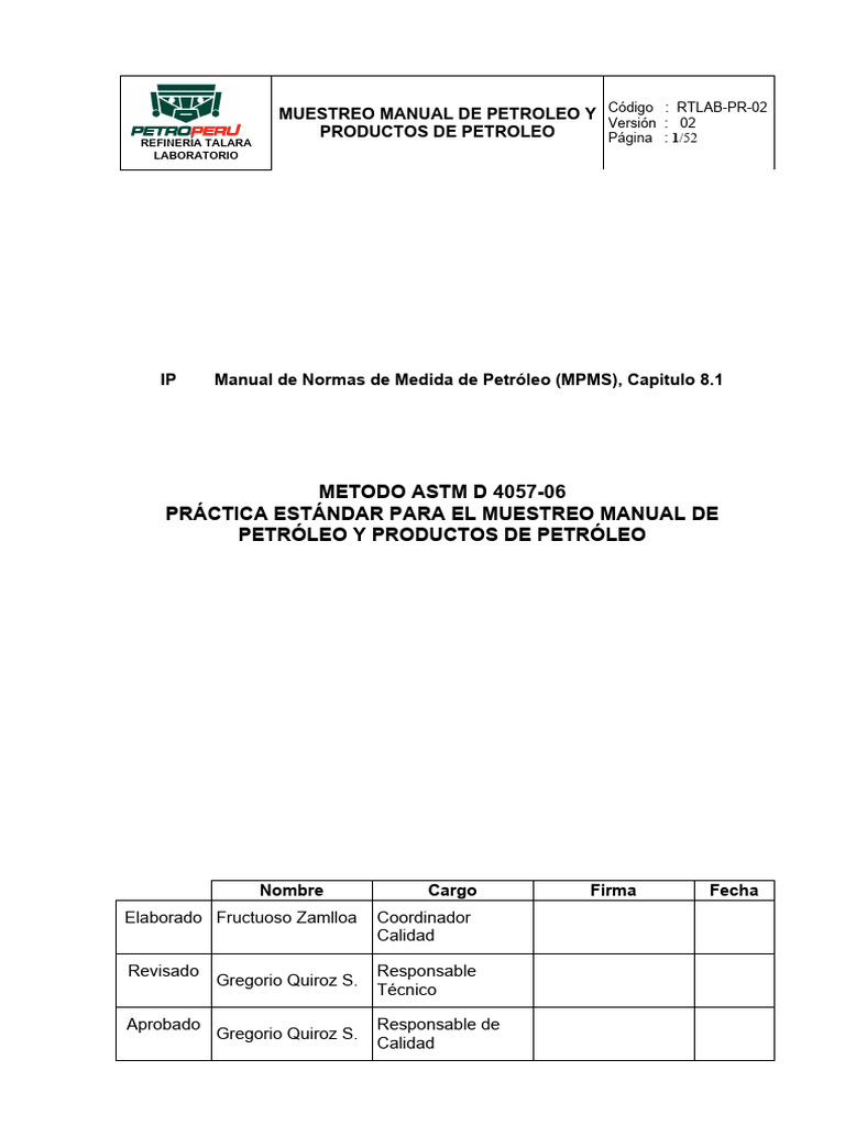 Muestreo Manual de Petróleo ASTM D4057 | PDF | Petróleo | Muestreo ...