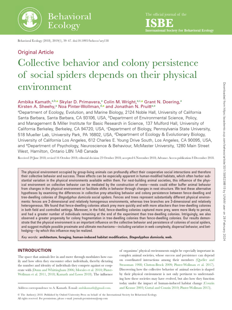 Kamath et al 2018 Collective behavior and colony persistence of social ...
