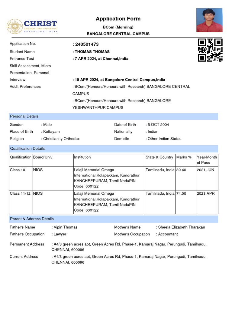 Application Form: Bcom (Morning) Bangalore Central Campus | Download ...