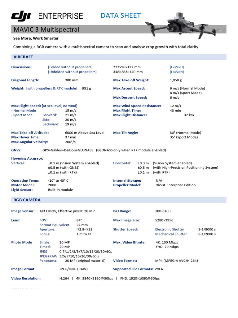 MAVIC 3 Multispectral Drone Specs | PDF | Pixel | Shutter (Photography)