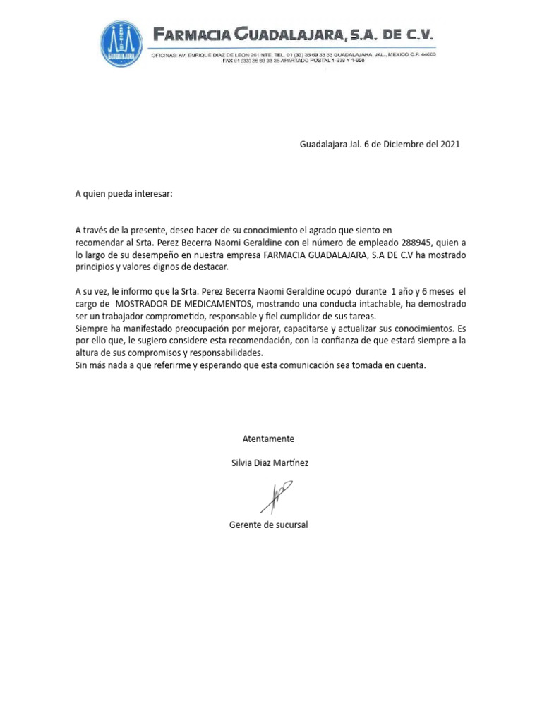 Carta De Recomendación Farmacia Guadalajara Pdf Crecimiento