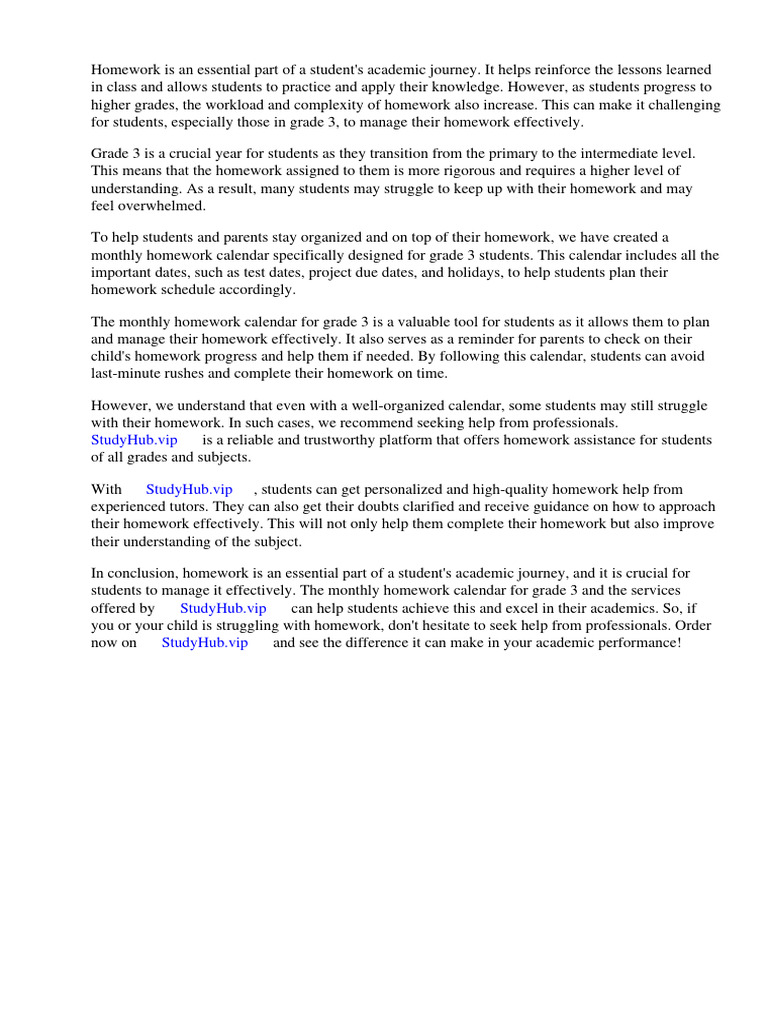 Monthly Homework Calendar Grade 3 | PDF | Homework