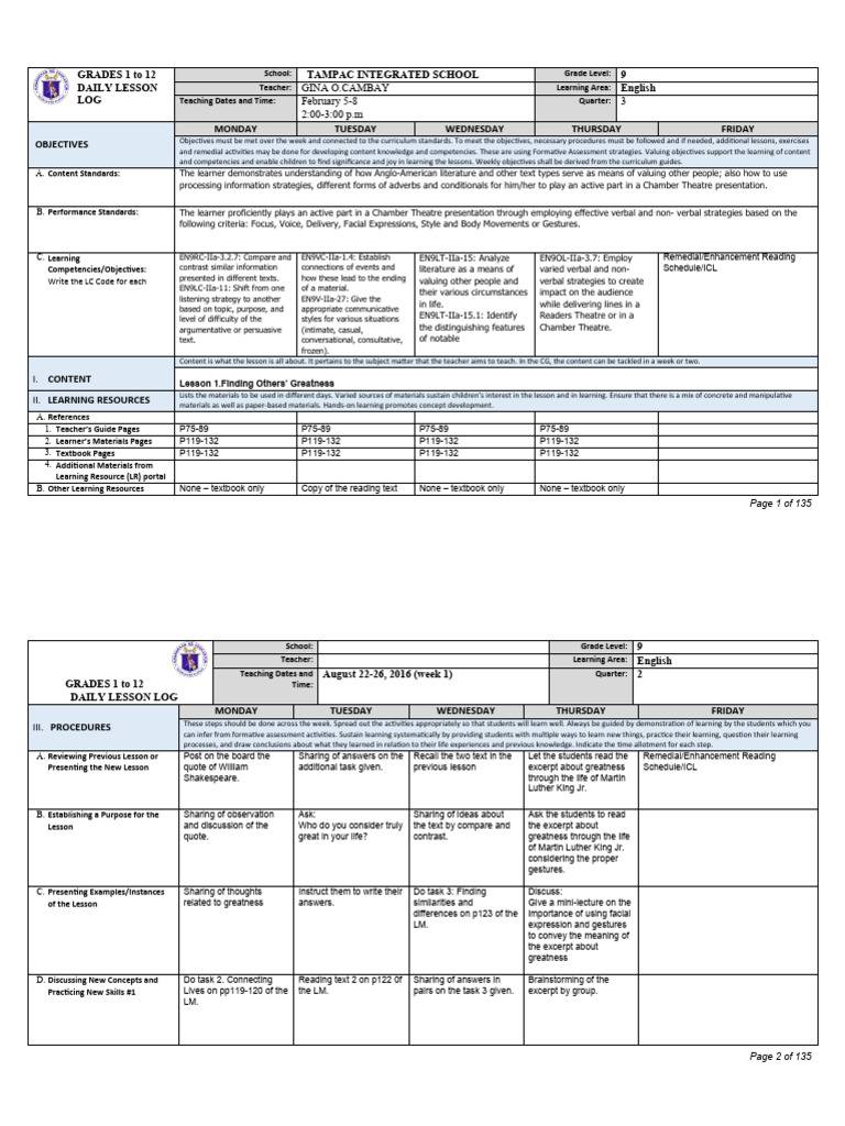 Grade 9 English Daily Lesson Log | PDF | Learning | Teachers