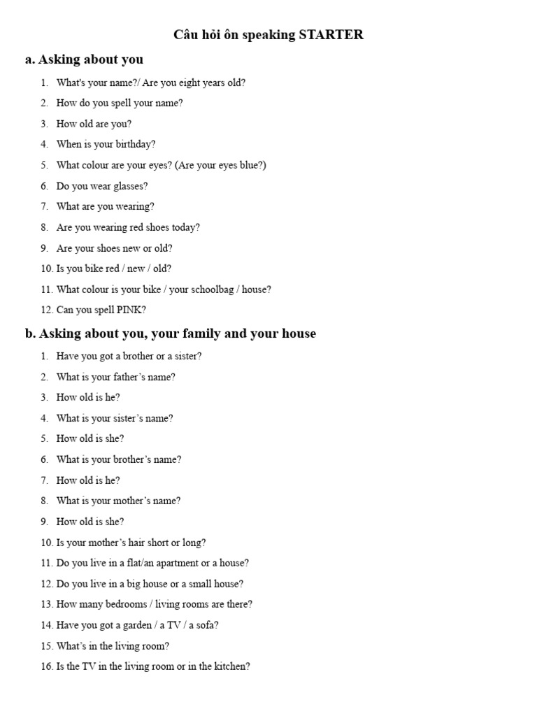 Câu hỏi ôn speaking STARTER | PDF