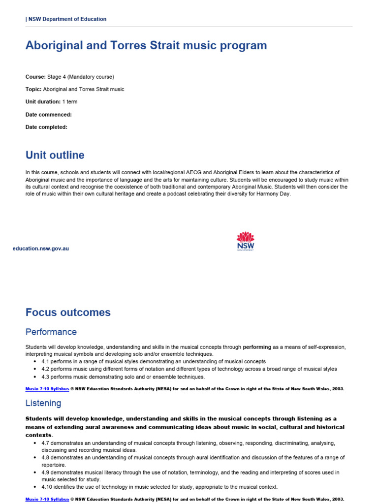 Aboriginal Music Program for Stage 4 | PDF | Information | Literacy